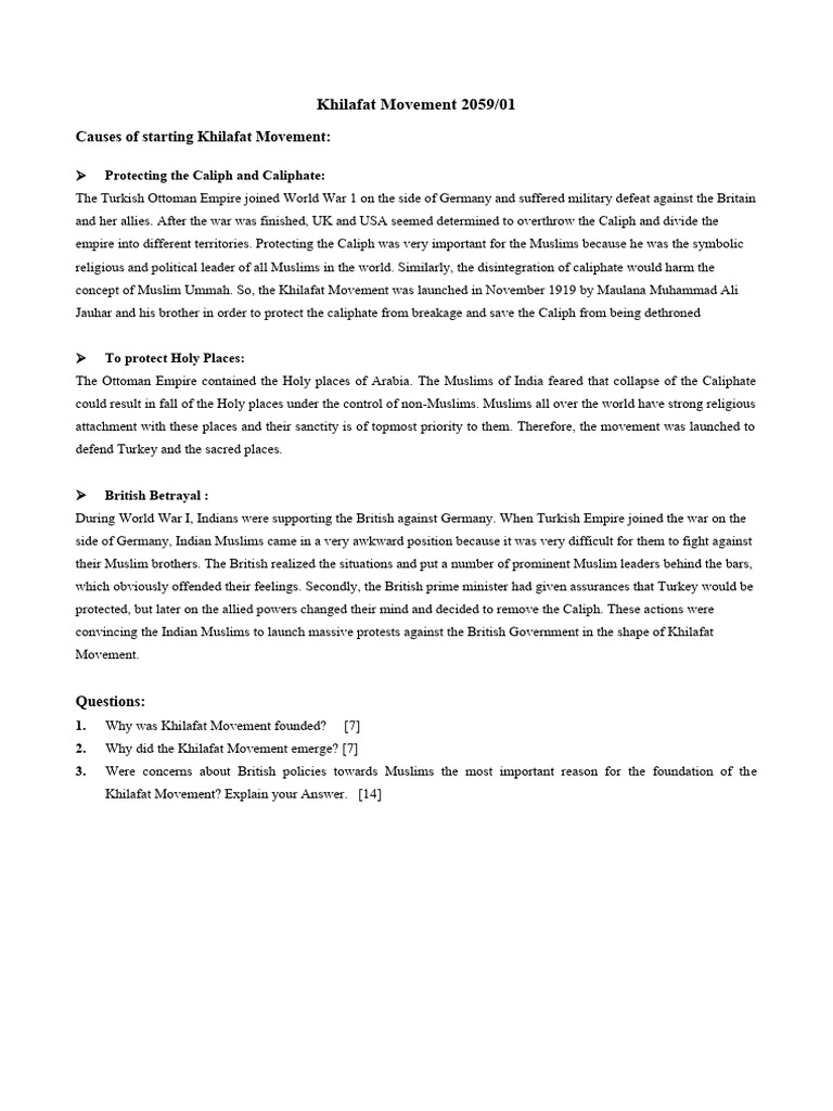 Khilafat Movement Notes | PDF | Caliphate