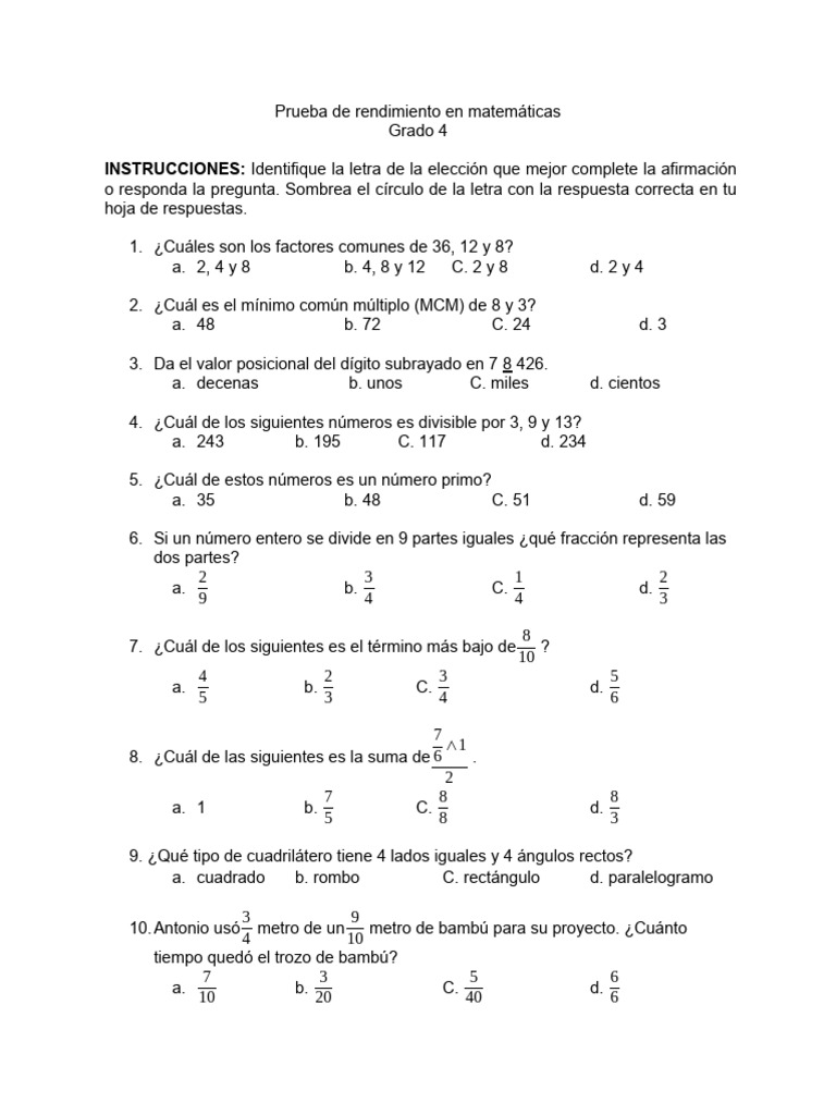 Prueba de Rendimiento en Matemáticas Grado 4 | Descargar gratis PDF ...