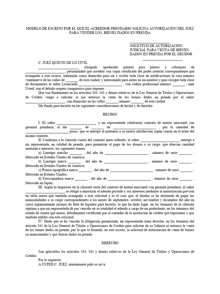 Modelo de Escrito Por El Que El Acreedor Prendario Solicita ...