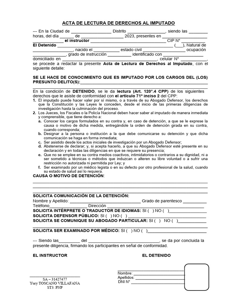 Acta de Lectura de Derechos Al Imputado DETENIDO Yury Toscano JURISPOL ...