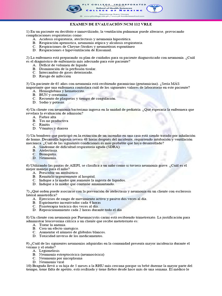 Examen de Evaluación sobre Neumonía y Cuidados Respiratorios | PDF ...