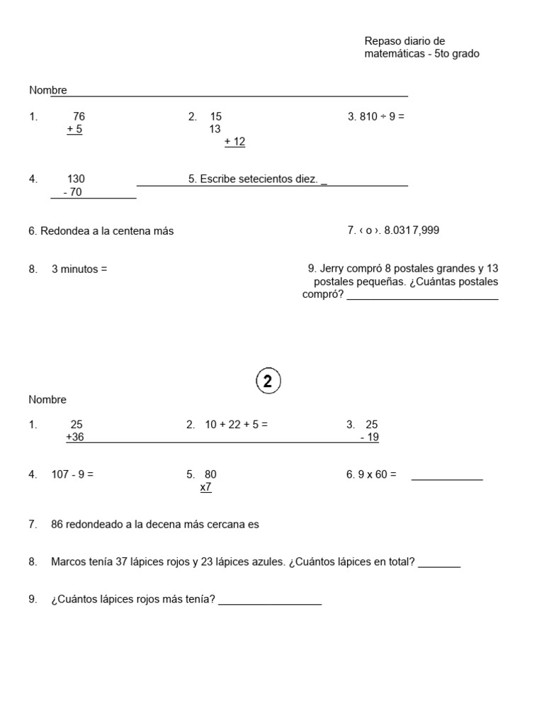 Repaso de Matemáticas 5to Grado | PDF | Moneda | Mercado de divisas