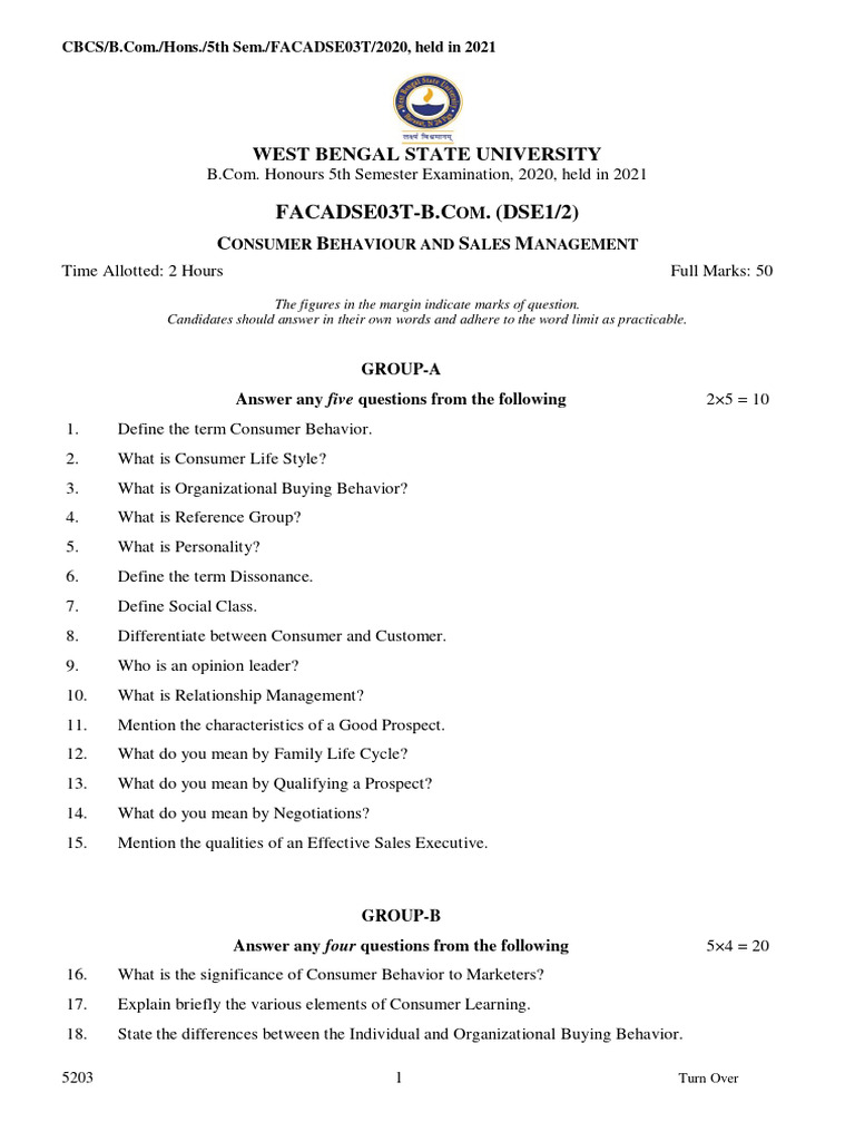 WBSU 5th Sem Consumer Behavior Exam Paper | PDF | Sales | Consumer ...