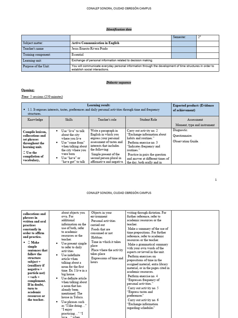 Planner 2nd Semester English Conalep | PDF | Information | English Language