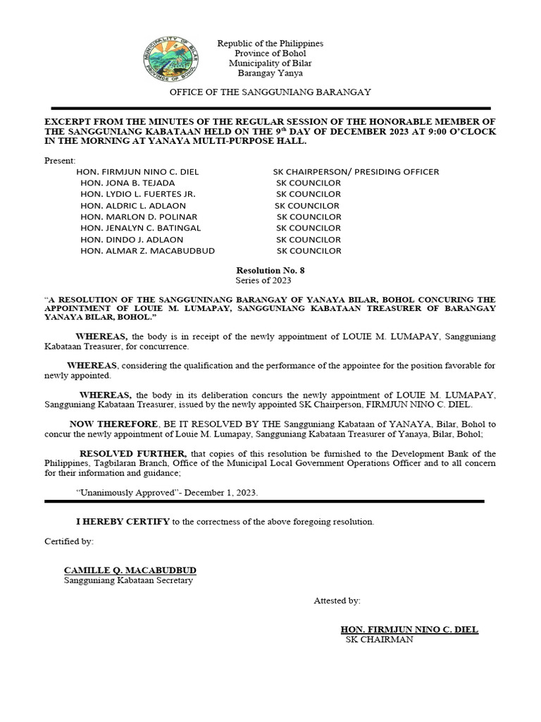 RESOLUTION of Concurrence For Treasurer | PDF | Youth Organizations