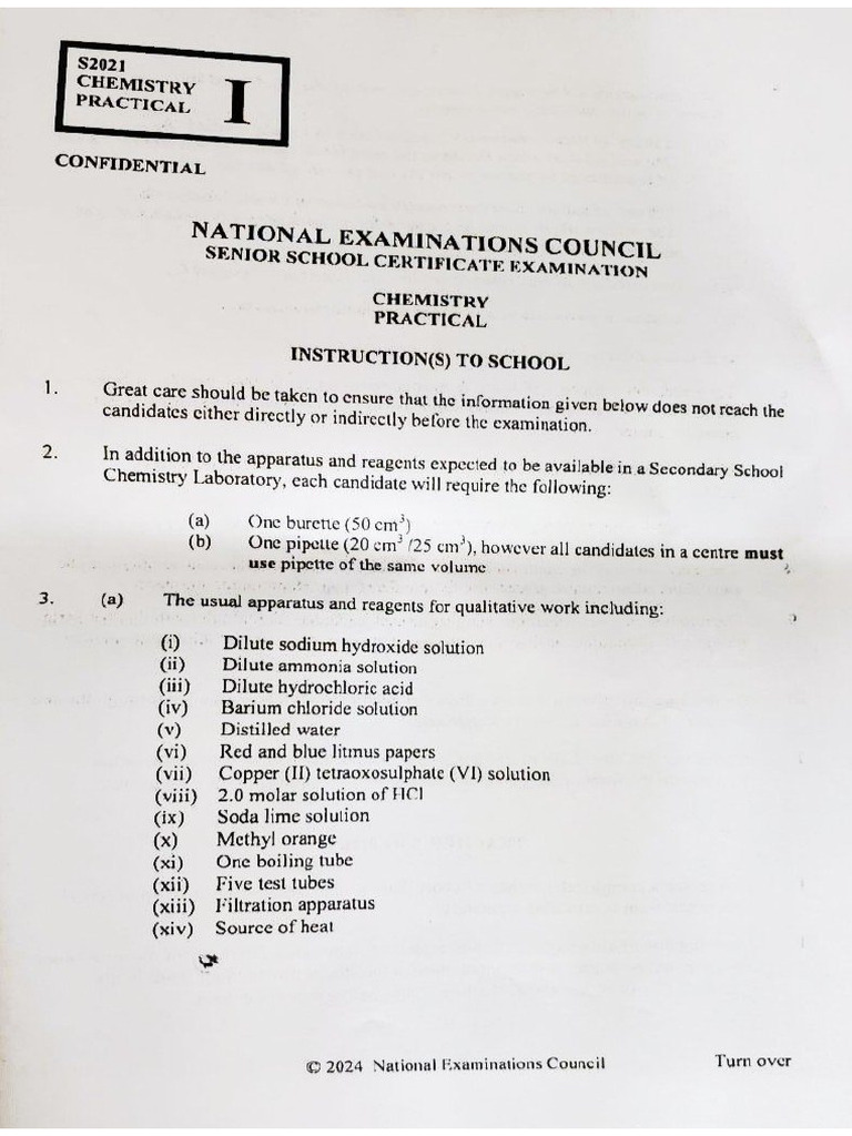 Neco Chemistry Specimen | PDF