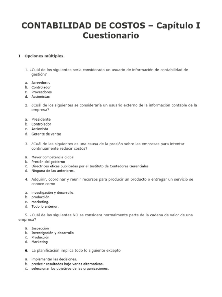 Contabilidad de Costos-Prueba Del Capítulo 1 | PDF | Contabilidad | Presupuesto