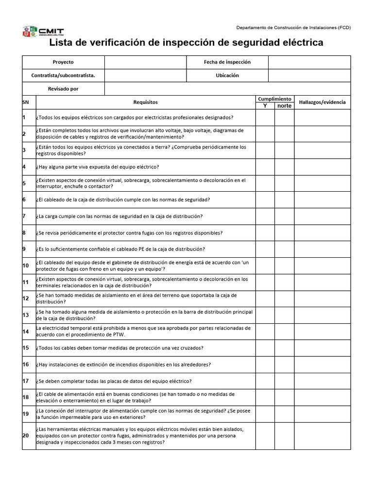 Lista de Verificación de Inspección de Seguridad Eléctrica | PDF ...