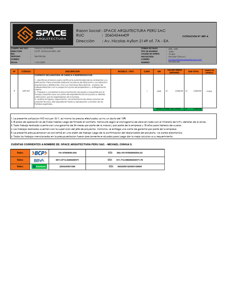 Contrato de Servicios Arquitectornicos Legales - Fam. Rivera | PDF