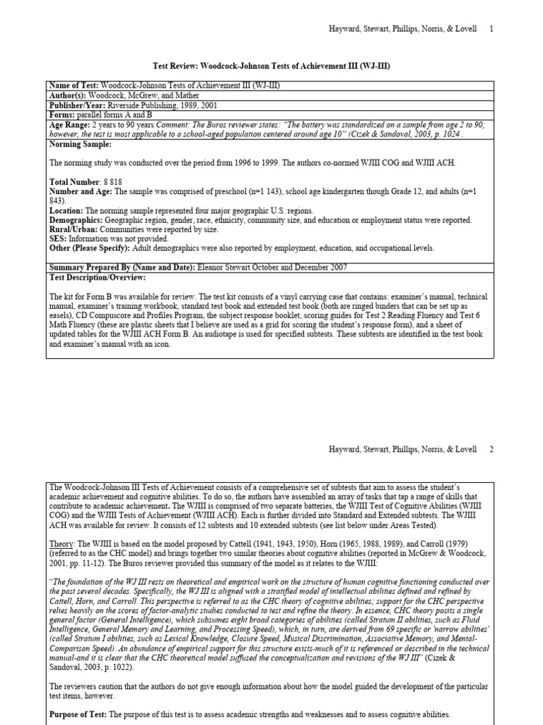 Woodcock-Johnson Test of Achievement III (WJ-III) | PDF | Validity ...