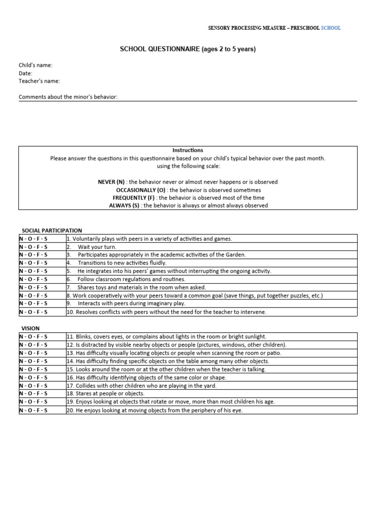 Sensory Processing Measurement Preschool Esc Spanish | PDF | Noise ...
