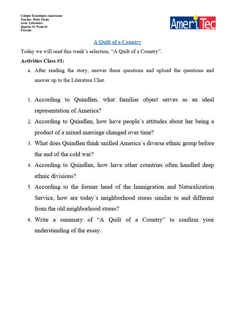 A Quilt of A Country - Reading Comprehension Check - Literature - 9th ...