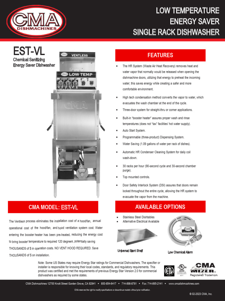 Cma Dishmachine Ventless | PDF | Dishwasher | Water Heating