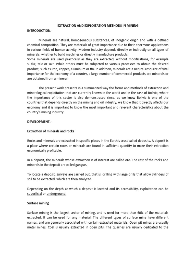 Extraction and Exploitation Methods in Bolivia | PDF | Mining | Coal Mining