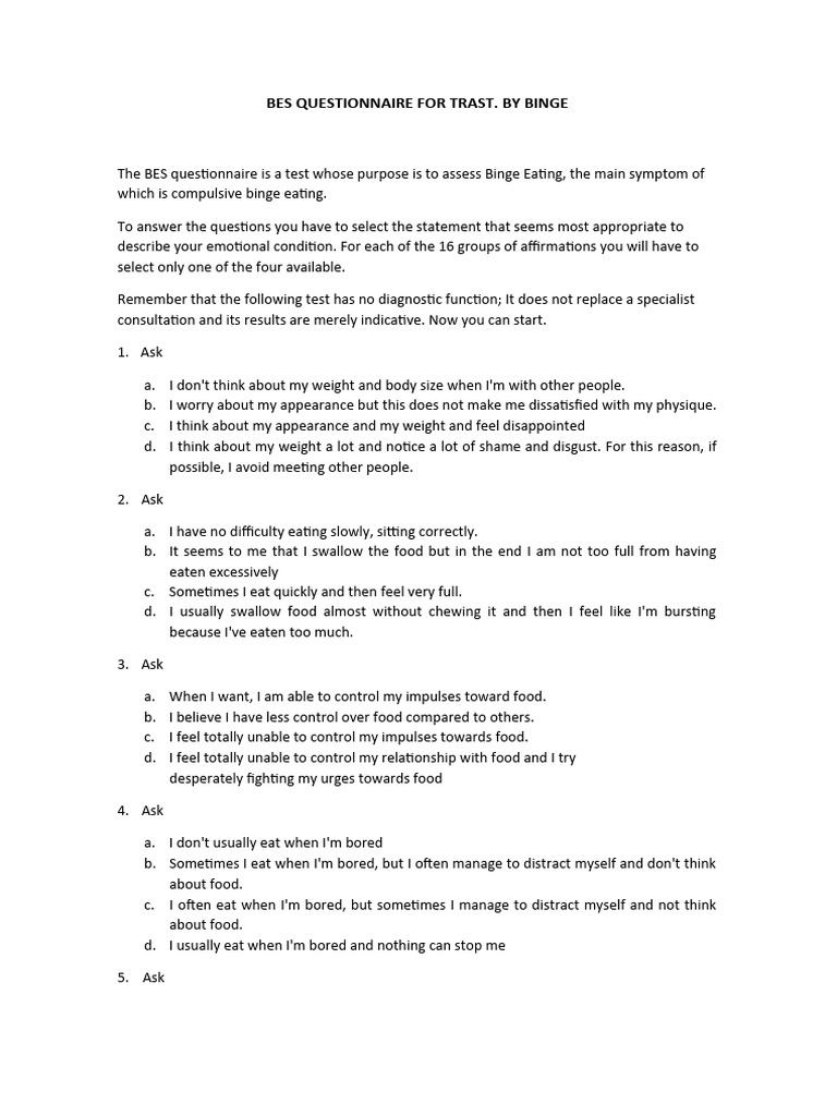 BES Questionnaire for Binge Eating | PDF | Mental Disorder | Eating ...