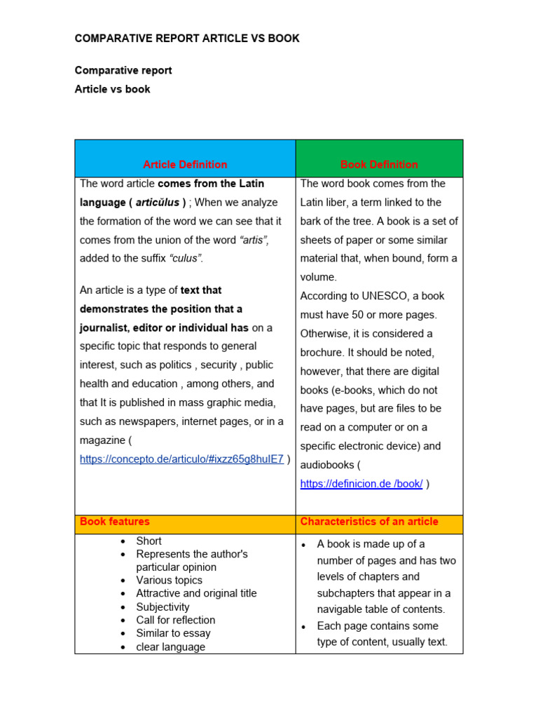 Comparative Report Book and Article | PDF | Books | Written Communication