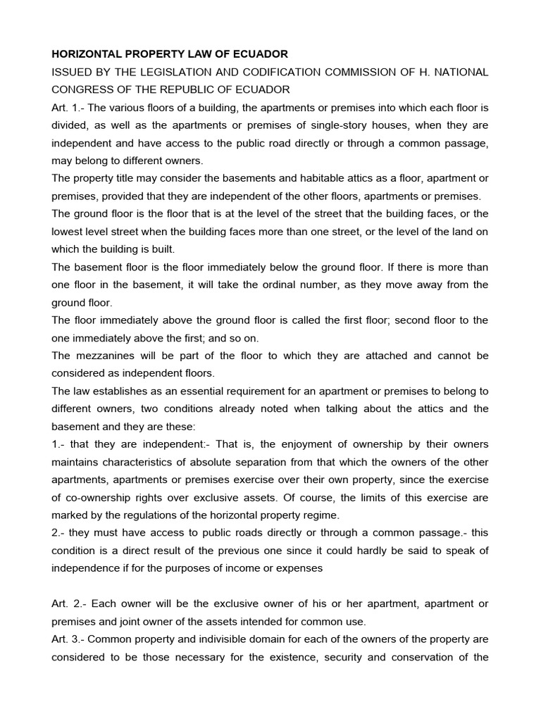 Horizontal Property Law of Ecuador | PDF | Condominium | Apartment