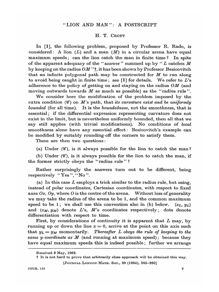 Journal of London Math Soc - 1964 - Croft - Lion and Man A Postscript ...