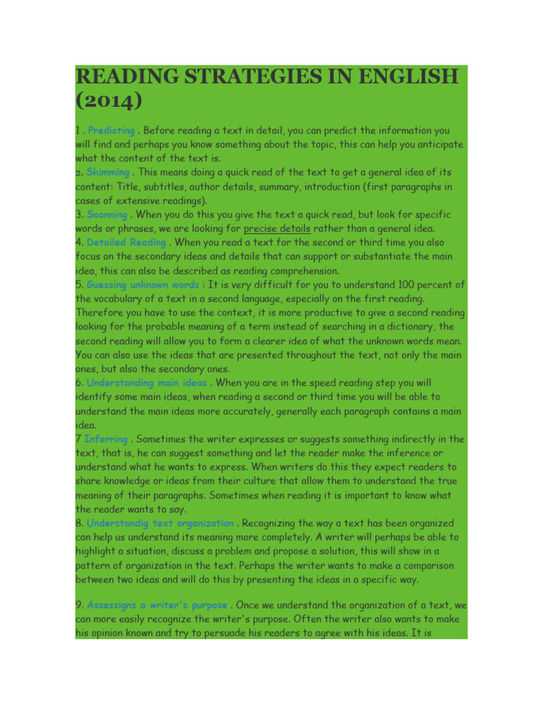 Reading Strategies in English | PDF | Speed Reading | Theory