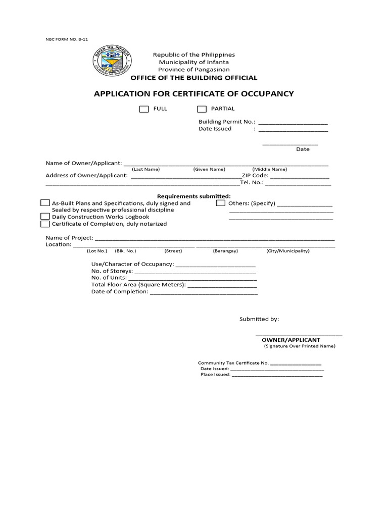 Certificate of Occupancy Application Form | PDF