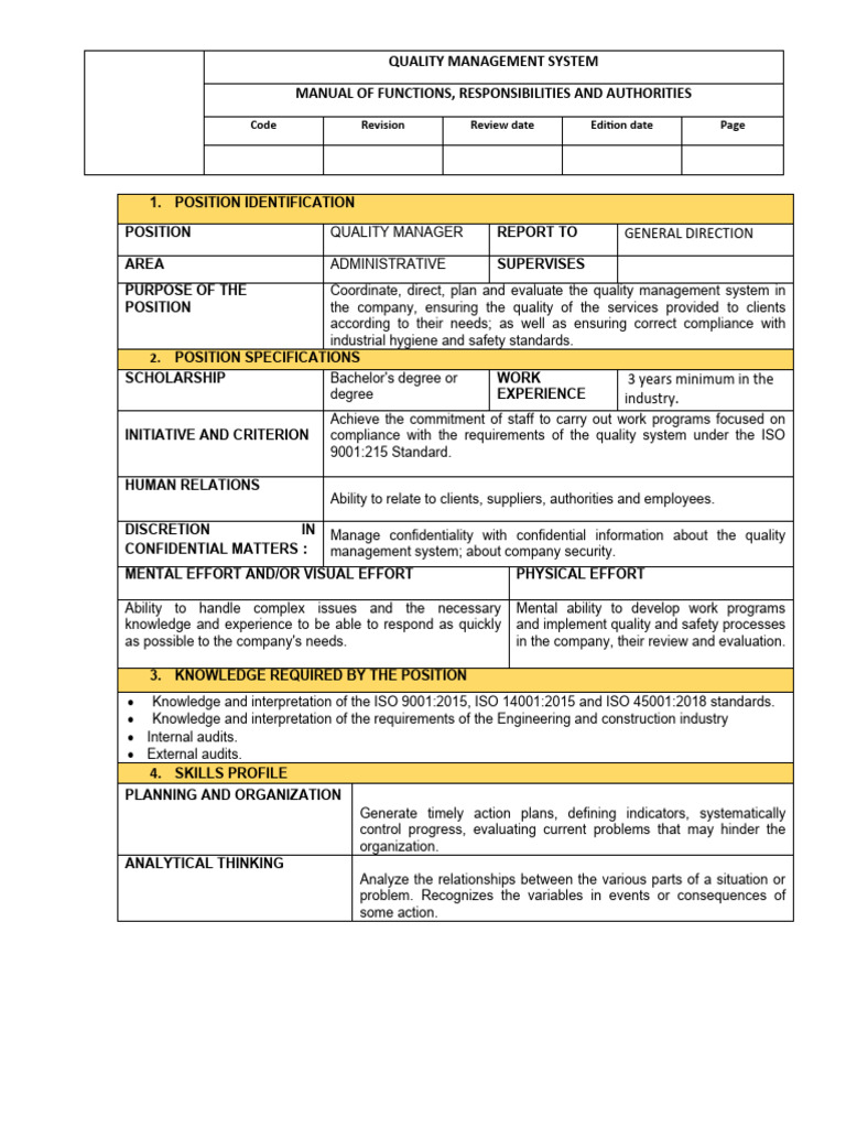 Quality Manager Position Profile | PDF | Audit | Quality Management System