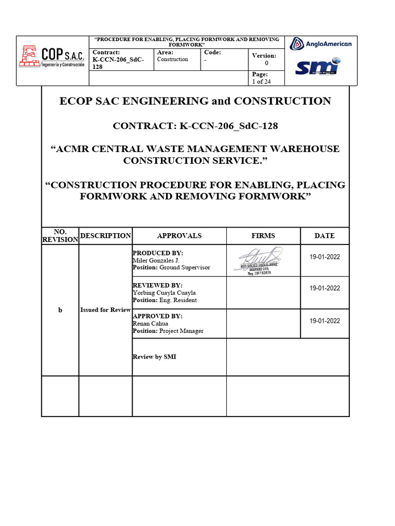 Procedure For Enabling, Placing Formwork and Removing Formwork | PDF ...