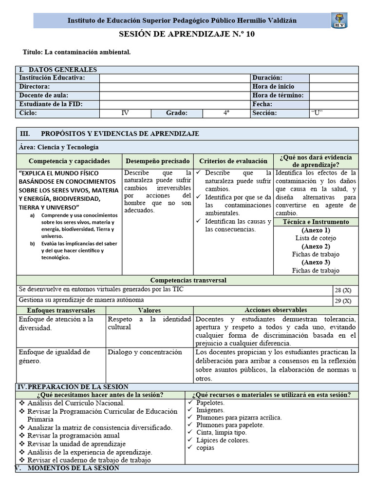 Sesión de Aprendizaje N 2 Modelo Peda | Descargar gratis PDF | Contaminación | Aprendizaje