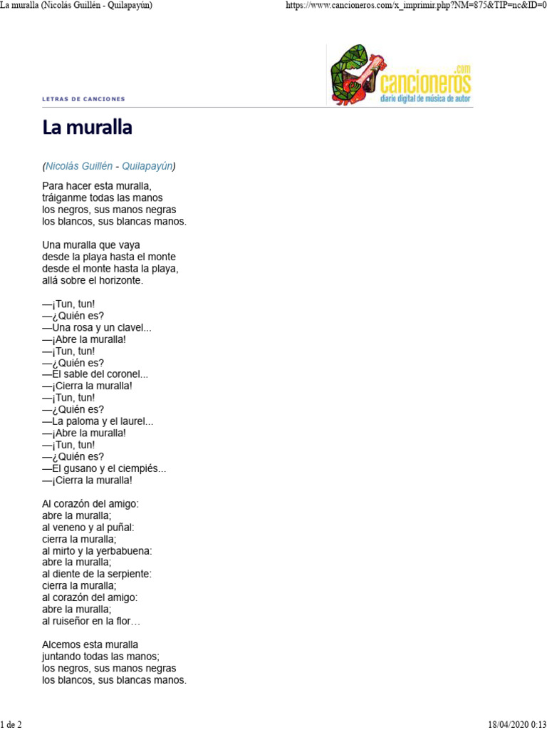 La Muralla (Nicolás Guillén - Quilapayún) | PDF