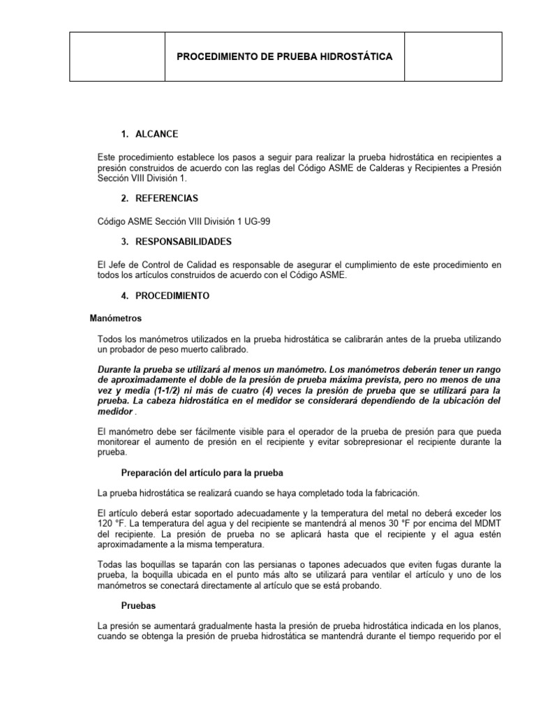 Procedimiento de Prueba Hidrostática PDF | PDF | Presión | Ingeniería mecánica