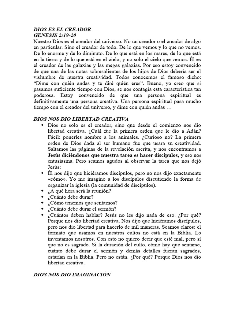 Dios Es El Creador Y Debemos Ser Creativos Pdf Deidad Creadora
