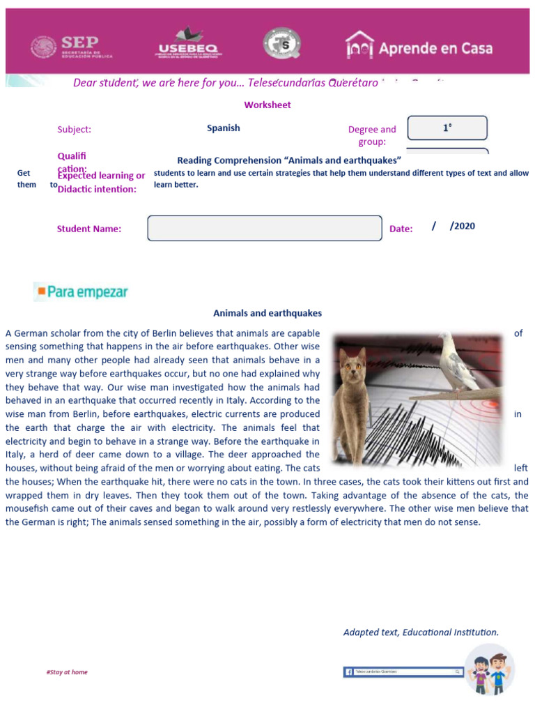 Reading Comprehension "Animals and Earthquakes" | PDF | Cats