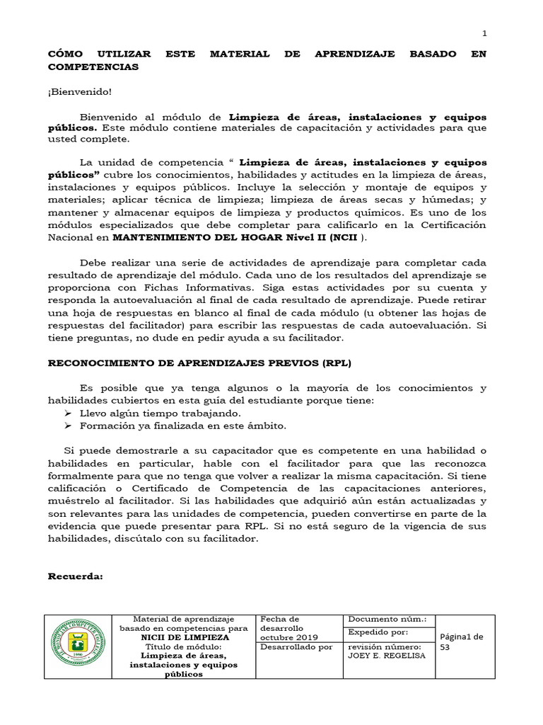 CBLM LO 3 Equipos de Instalaciones de Áreas Públicas Limpias | PDF ...