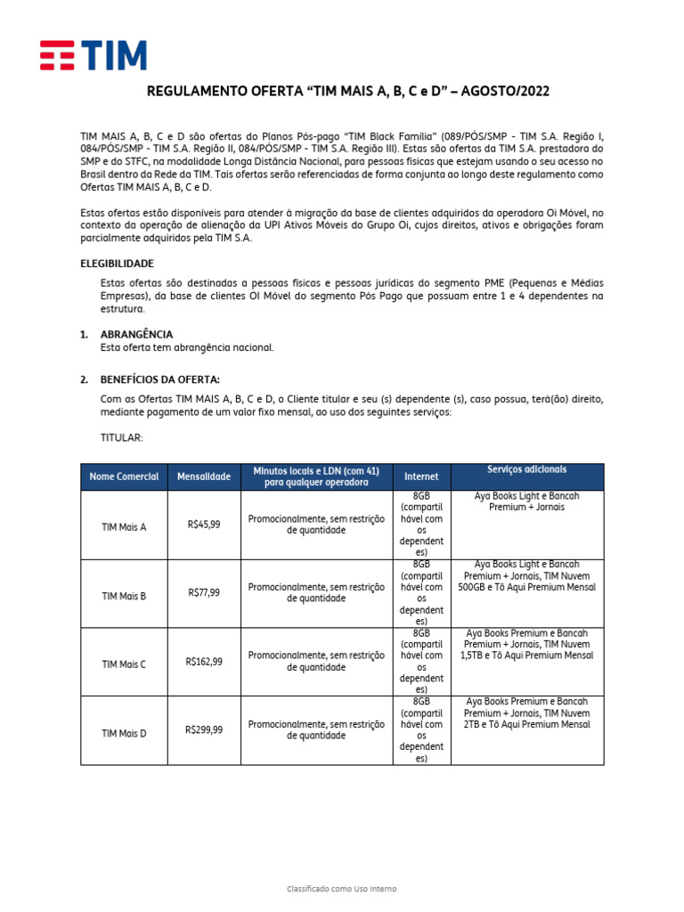 Regulamento TIM Mais A B C e D - Pós Família - METIS - V8 | PDF | Rede ...