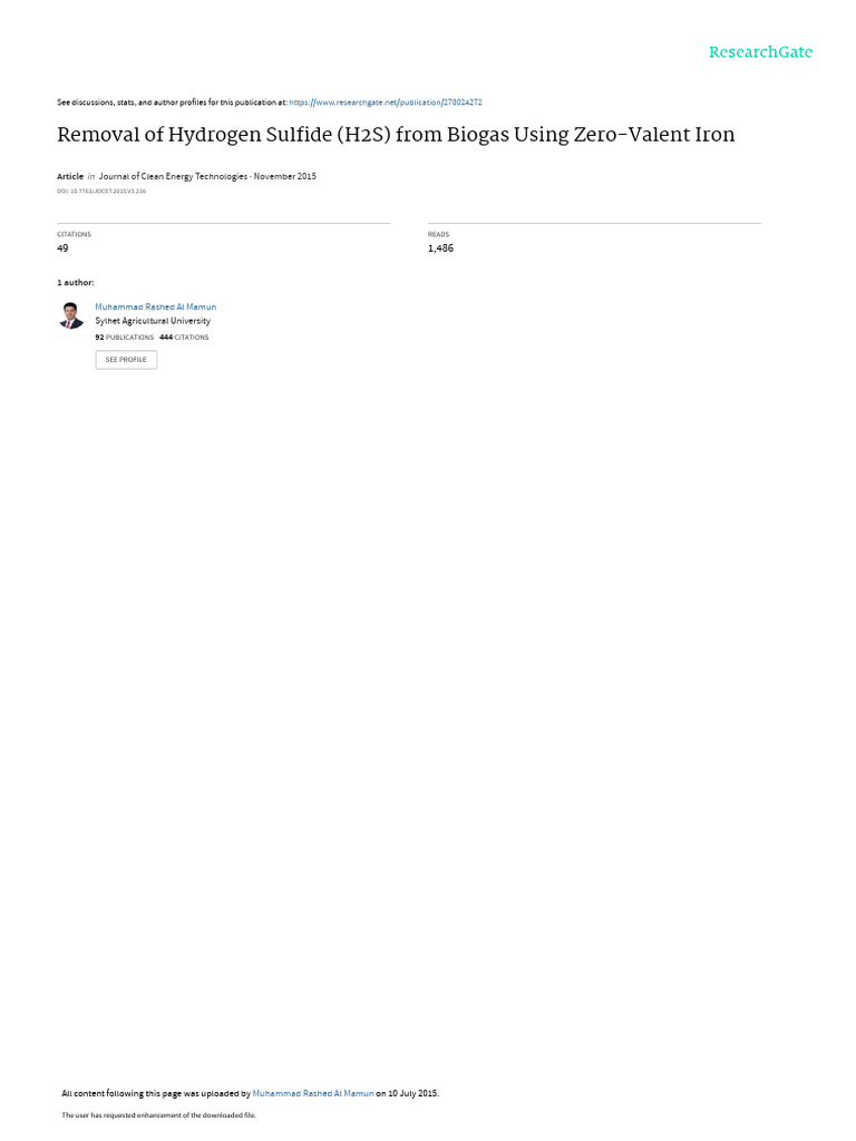 Removal of Hydrogen Sulfide (H2S) From Biogas Using Zero-Valent Iron ...