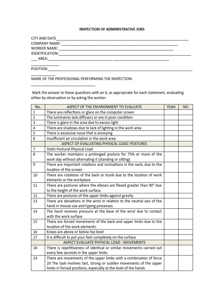 Workplace Environment Inspection Checklist | PDF | Computer Keyboard