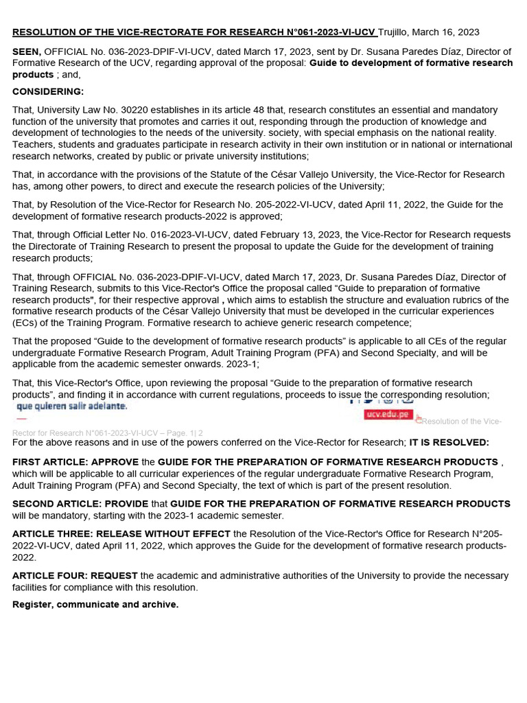 RVI N°061-2023-VI-UCV Approves Guide For The Preparation of Formative ...