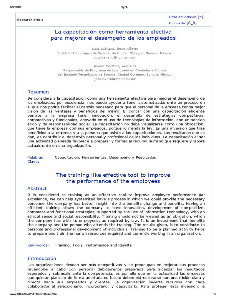 Artículo La Capacitación Como Herramienta Efectiva para Mejorar El Desempeño de Los Empleados ...