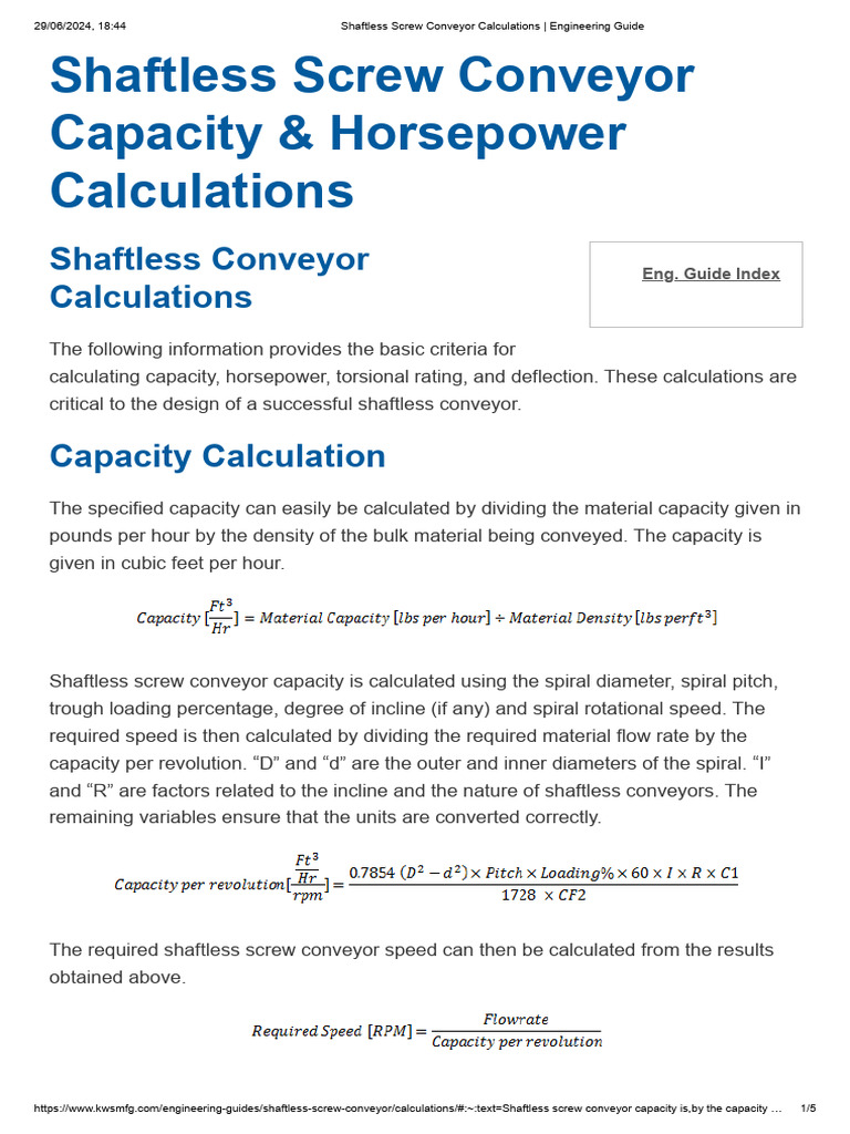 Shaftless Screw Conveyor Calculations | PDF | Strength Of Materials ...