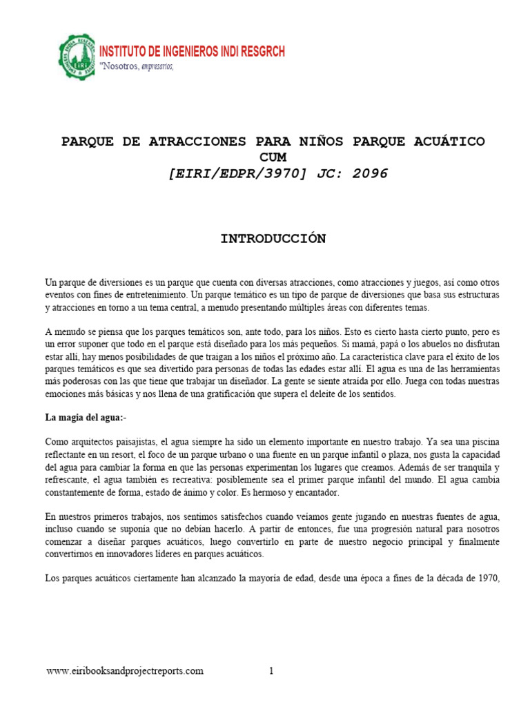Informe Del Proyecto Sobre El Parque de Atracciones Infantil Cum Water ...