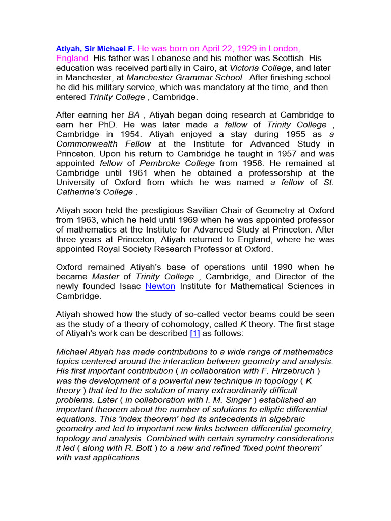 Michael Atiyah: Mathematician's Legacy | PDF | Physics | Geometry