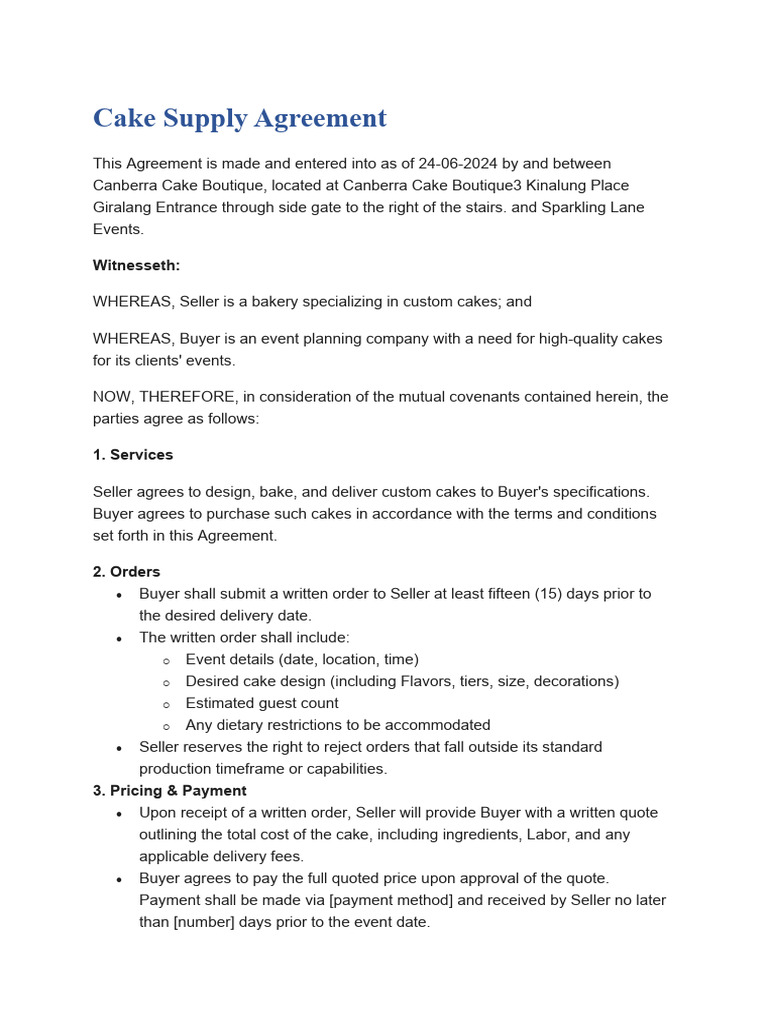 Cake Supply Agreement SLE Ammended | PDF | Procurement | Prices