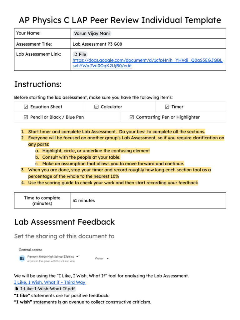 Varun AP Physics C LAP Peer Review Individual Template 23-24 | PDF ...
