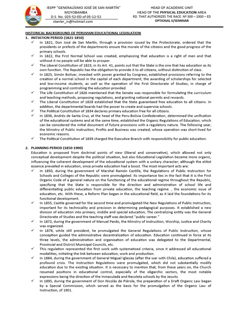 Historical Background of Peruvian Educational Legislation - Topic 1 ...