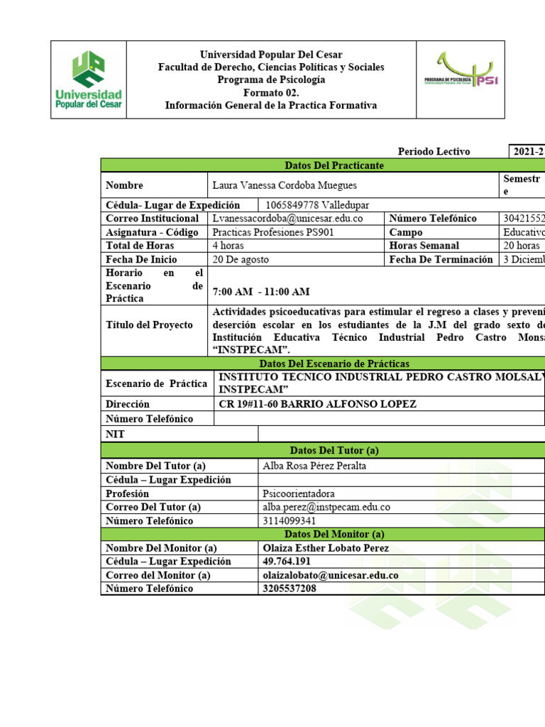 5.formato 02. Información General de Practica Formativa Laura | PDF
