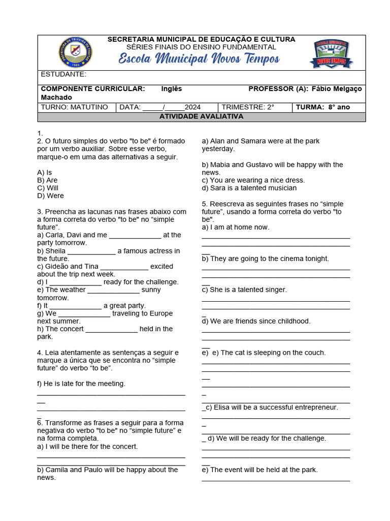 Prova Ingles Oitavo Ano. | PDF