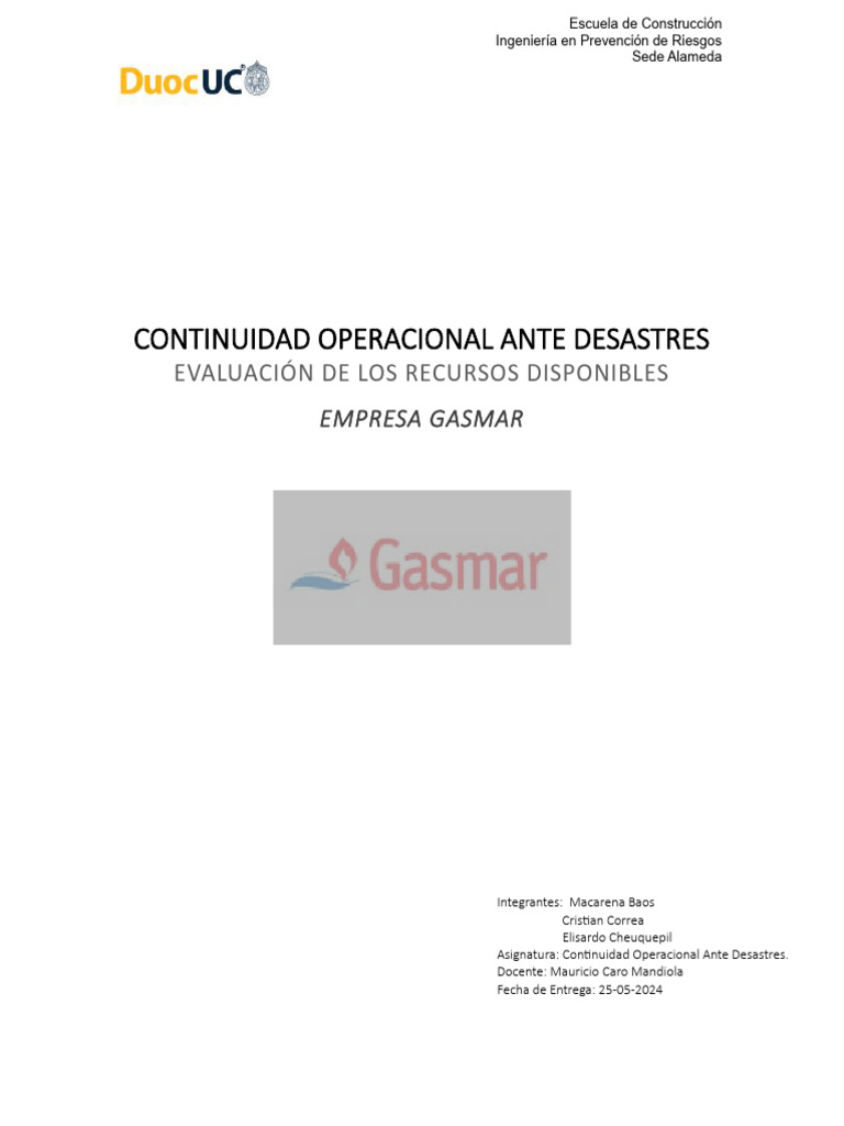 Continuidad Operacional Ante Desastres Gasmar | PDF | Defensa Civil
