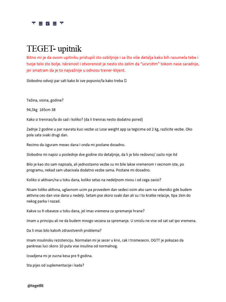 Upitnik Za Ishranu | PDF