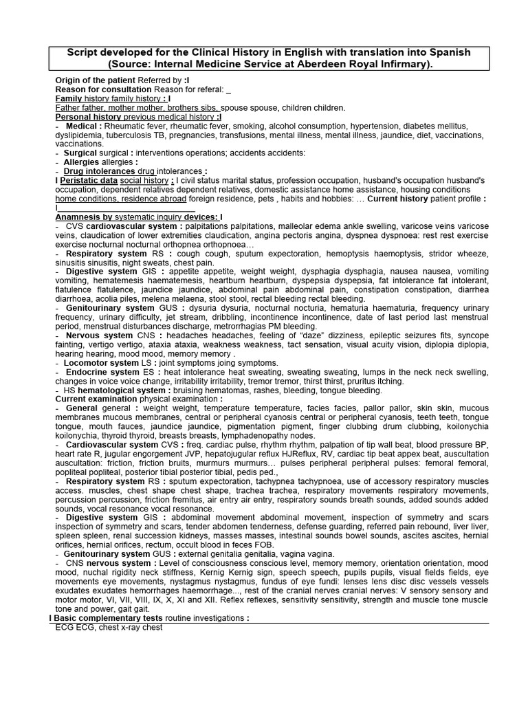 Script Clinical History English | PDF | Abdomen | Tuberculosis Script Clinical History English | PDF | Abdomen | Tuberculosis