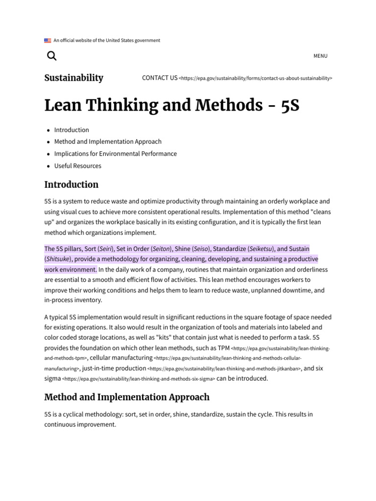 Lean Thinking and Methods - 5S - US EPA | PDF | Lean Manufacturing | Waste