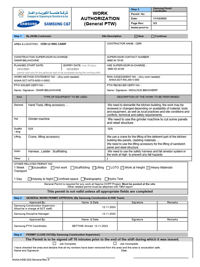 04 - ANAA HSE 022 F1 Permit To Work General - CERI Camp | PDF ...
